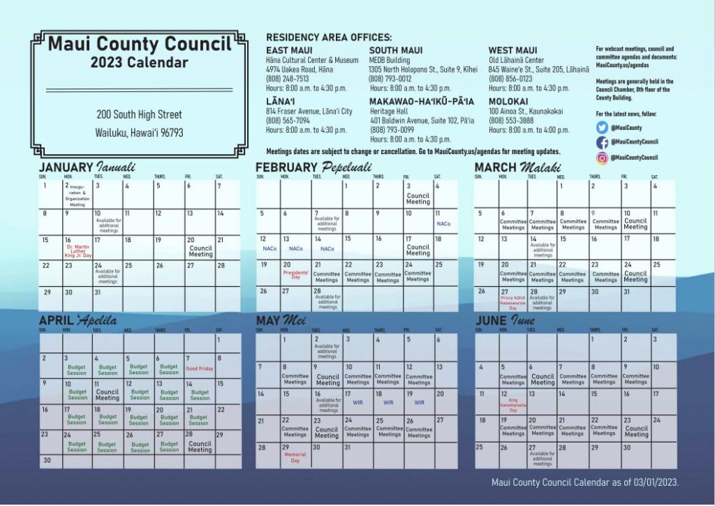 2023 Council Calendar | mauicounty.us.